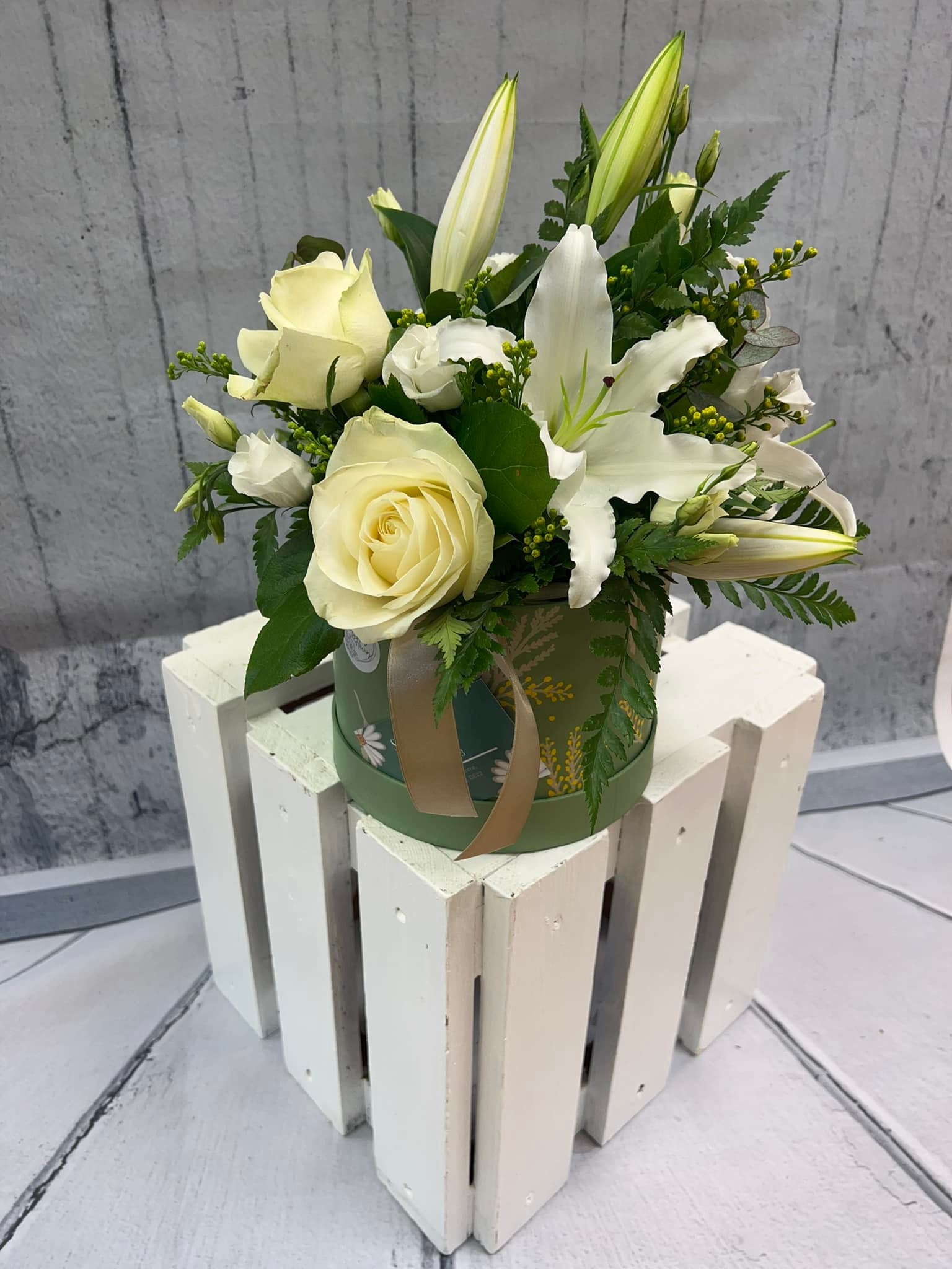 Hat Box Floral Arrangement - 'Feeling Green'